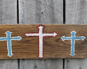 Christian Sign - Three Crosses on Old Oak Barn Wood