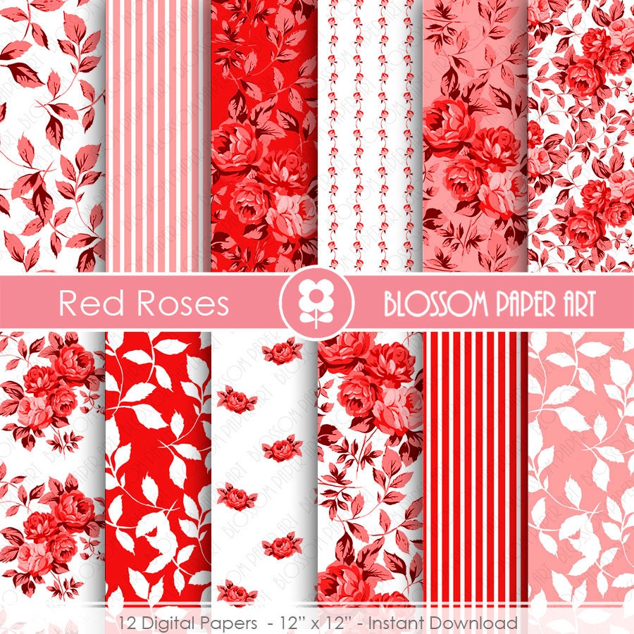 Red Digital Paper Red Floral Paper Pack Red Scrapbook Paper
