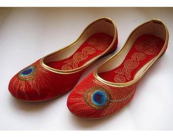 Red Shoes/Gold Shoes/Red Flats/Ethnic Shoes/Velvet Shoes/Handmade ...
