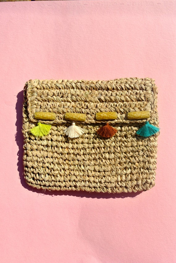 Items similar to Raffia Clutch Bag - with Tassels & Beads on Etsy