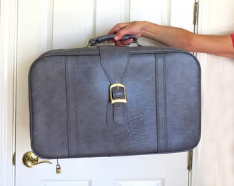 Vintage Faux Leather Suitcase - Slate grey vintage luggage Travel ...