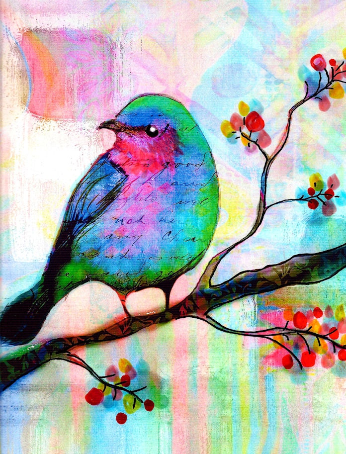 Bird Print Songbird flowers tree leaves Bird art bird in