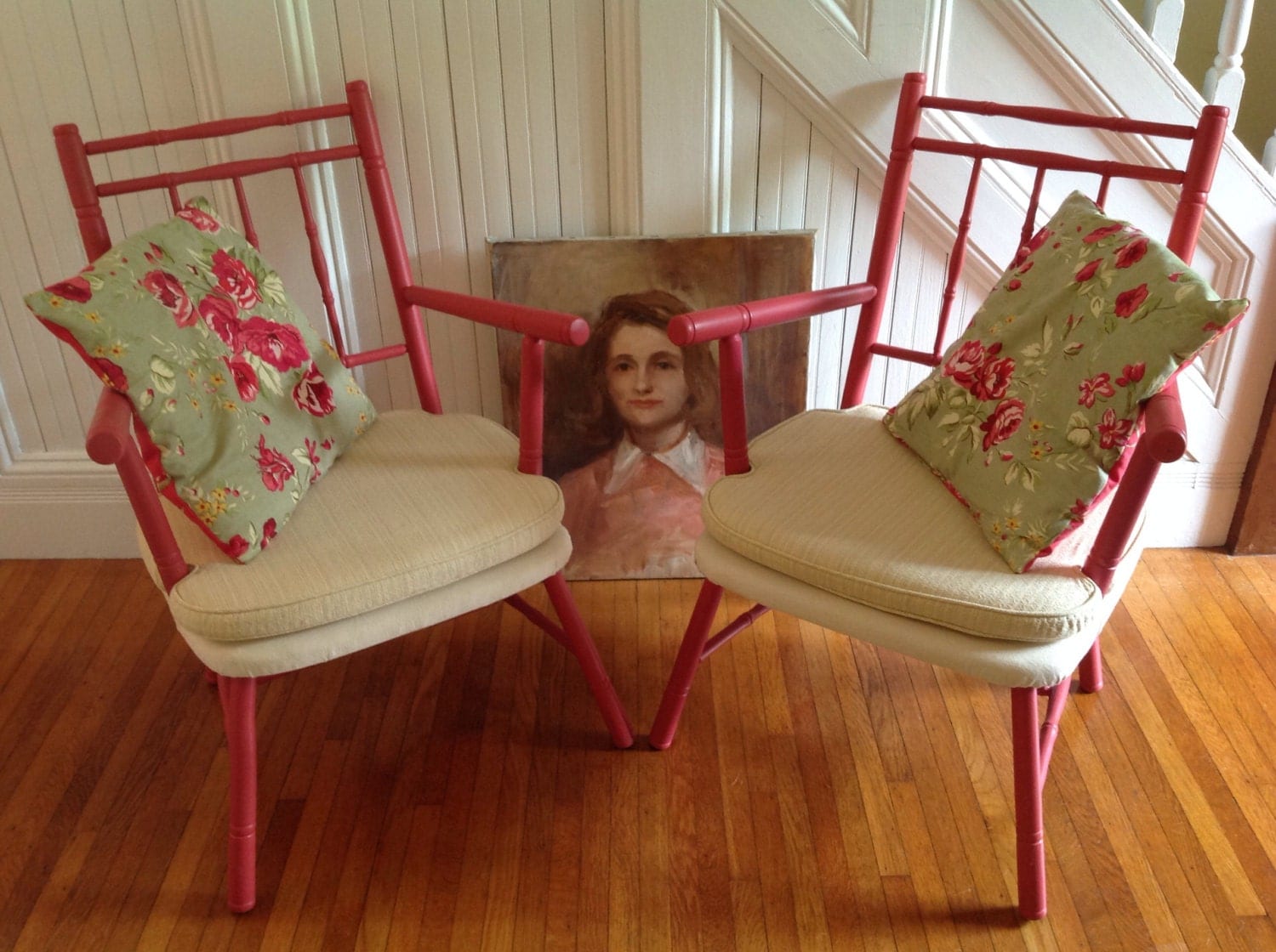 VINTAGE CRICKET CHAIRS with Arms Coral Painted Frame Cream Fabric Seat ...
