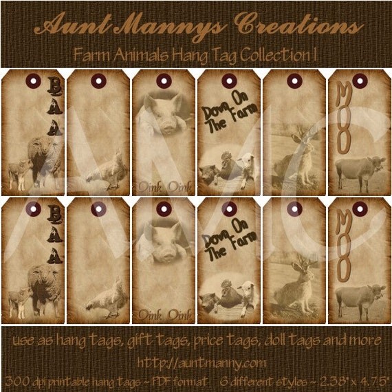 Primitive Vintage Farm Animals Printable Hang Tags for