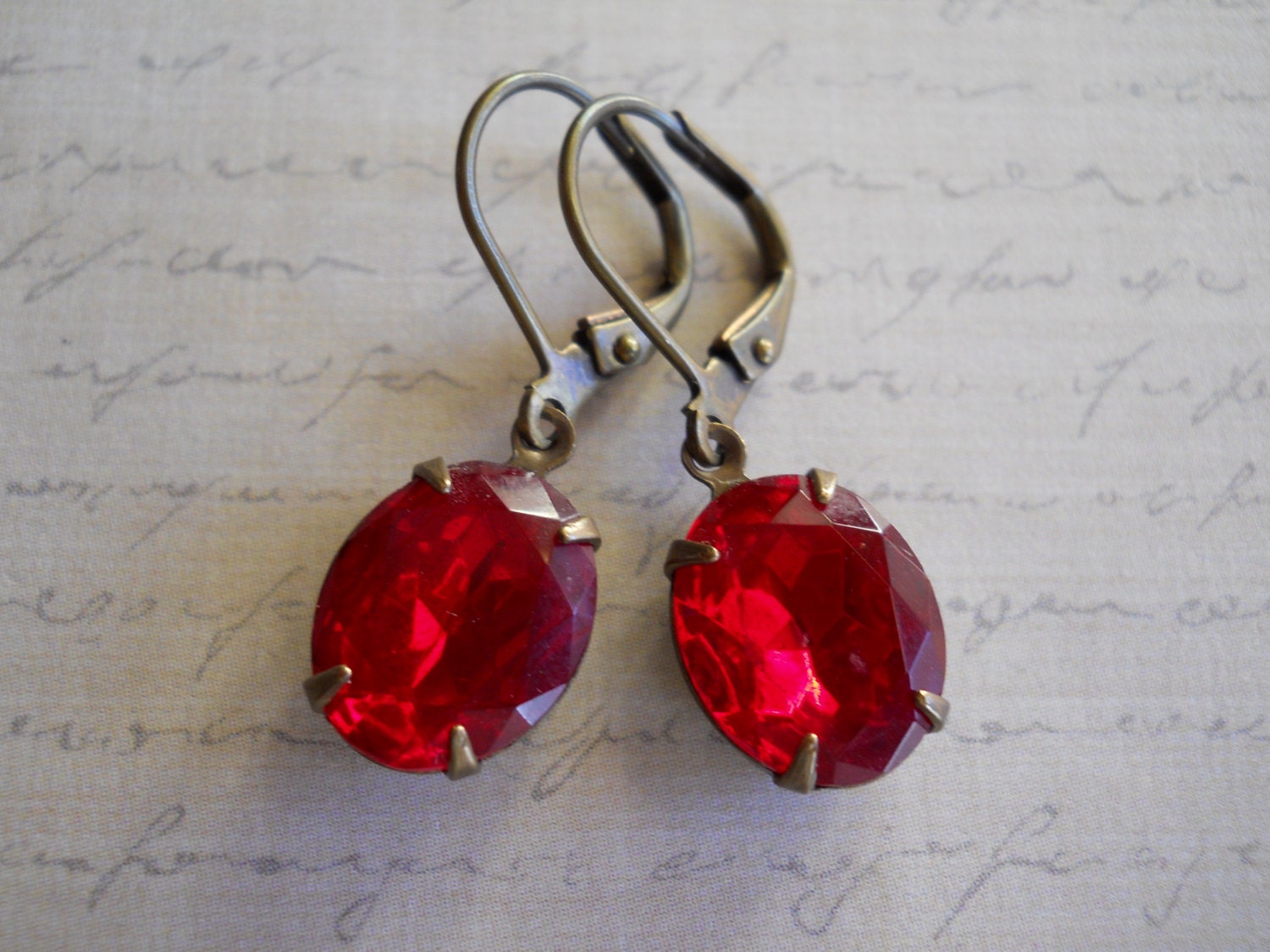 Red Glass Jewel Earrings Ruby Red Jewels in Brass Settings