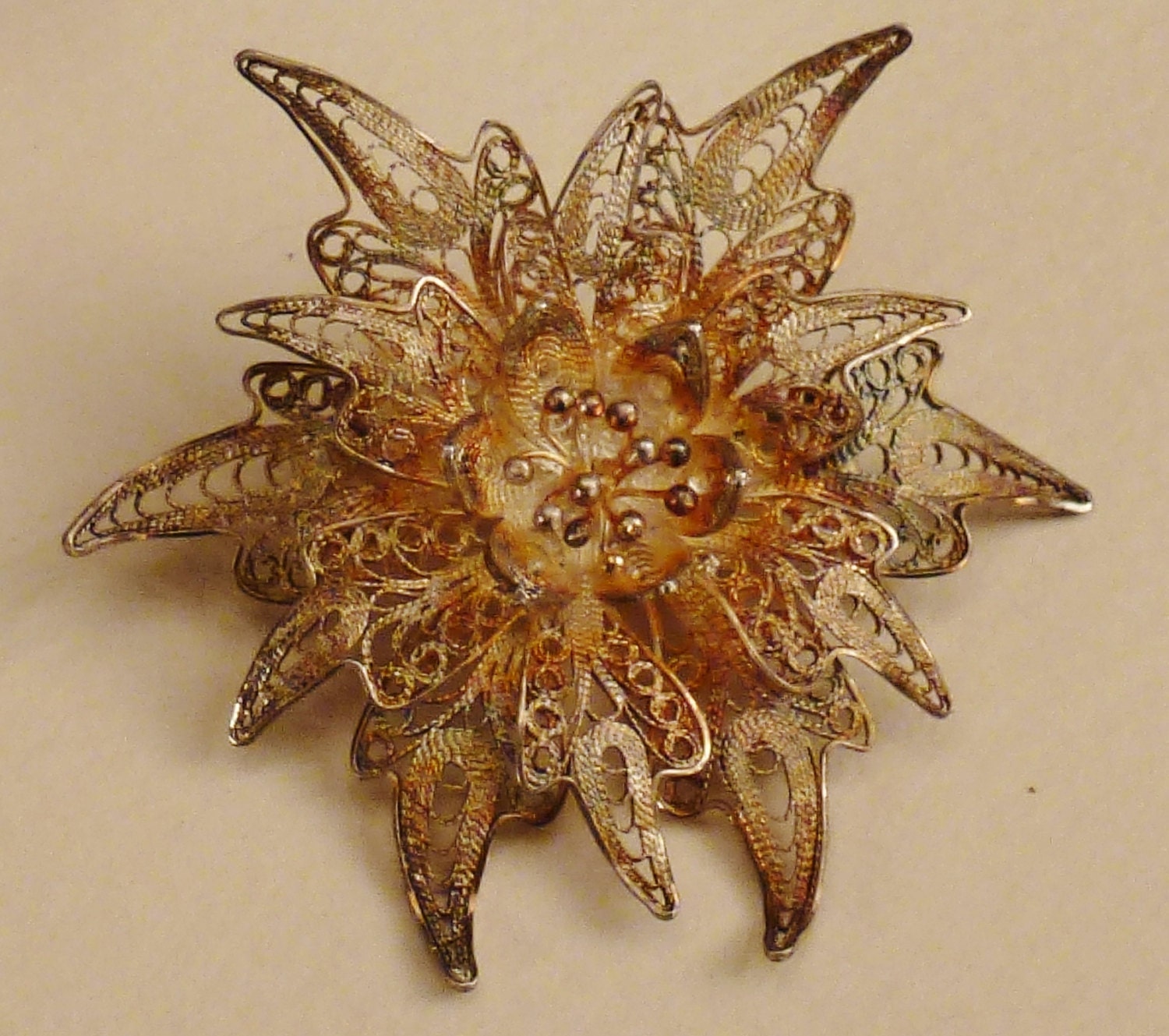 STERLING FILIGREE BROOCH Edelweiss Goldwashed vermeil