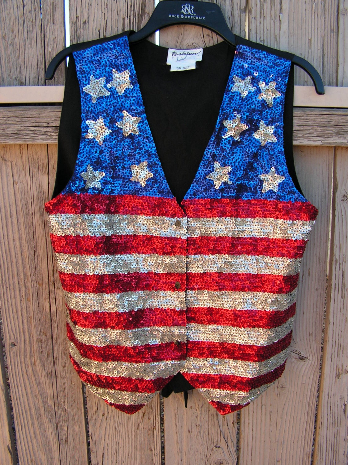 Sequin Patriotic US Flag Vest Red White Blue Novelty Sequined