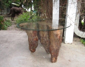 Vintage Rustic Real Wooden Tree Stump Table with Round Glass Top