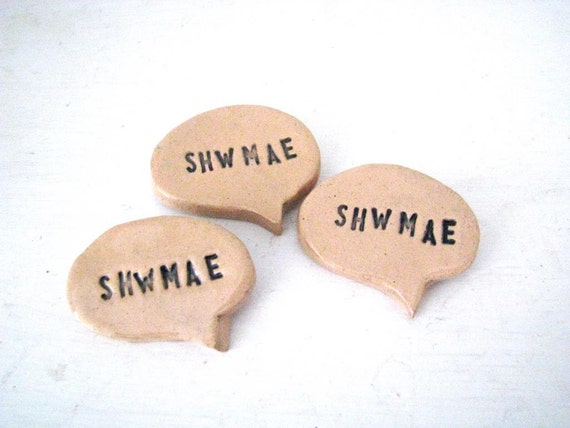 Shwmae how ya doin' in Welsh ceramic brooch. Speech
