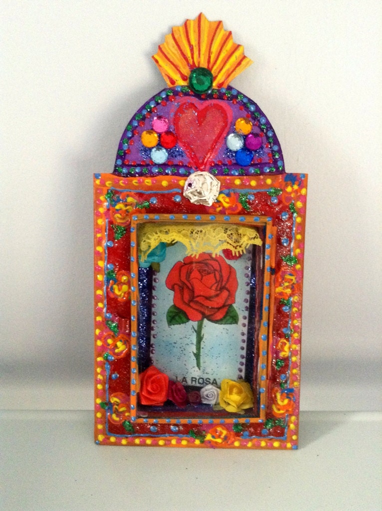 Mexican tin nicho/ shadow box shrine/ La Rosa rose loteria