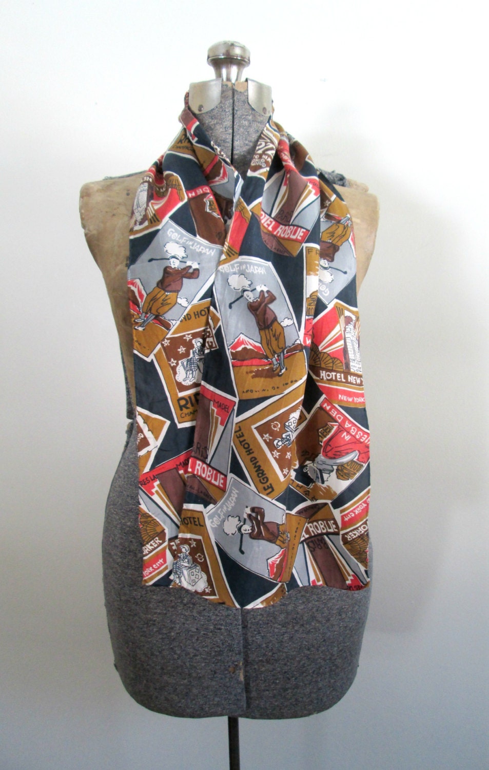 1960s Art Deco Silk Scarf Golf Travel Around the World New York Paris ...