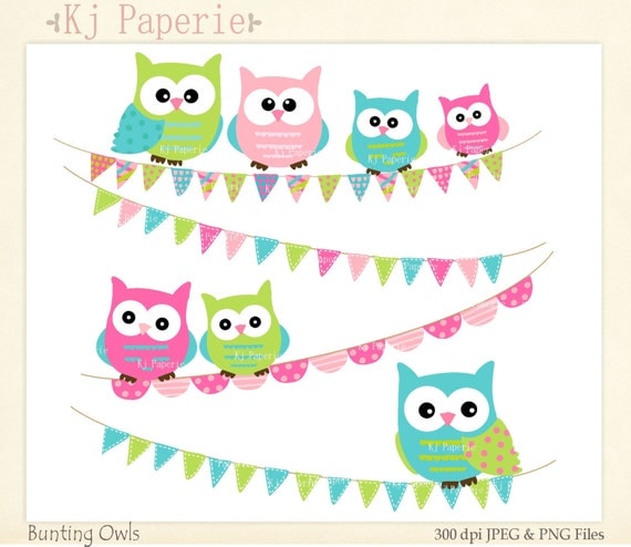 Items similar to owls clip art, bunting and owl Clip art,pastel bunting ...
