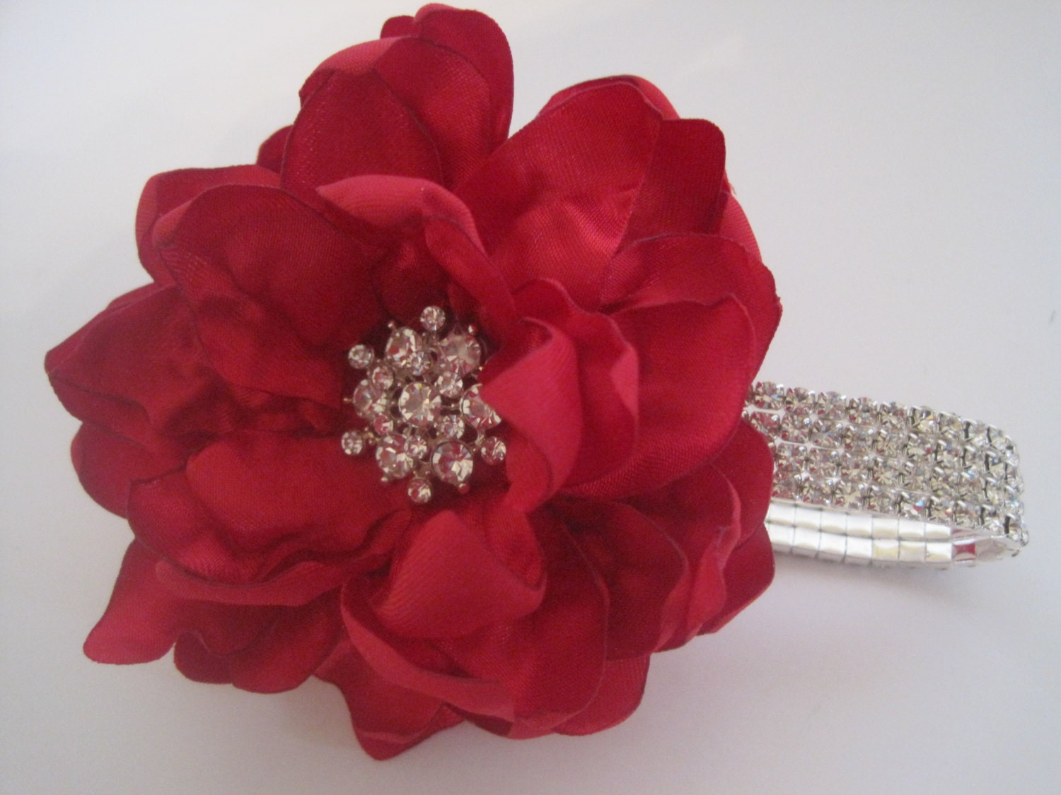 Wrist Corsage Red Satin Rhinestone Bracelet Bride Bridesmaid