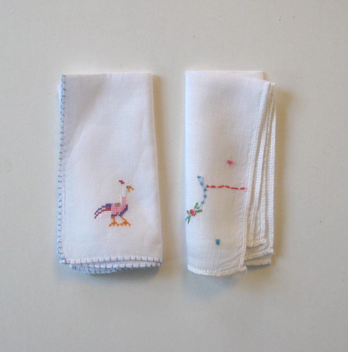 2 Vintage Ladies Square Hankerchief, Hand Embroidered Hanki, Accessory ...