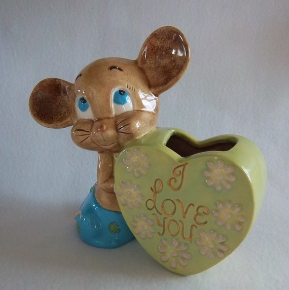 Adorable I Love You Vase Blue Eyed Mouse Kitschy by DayJahView