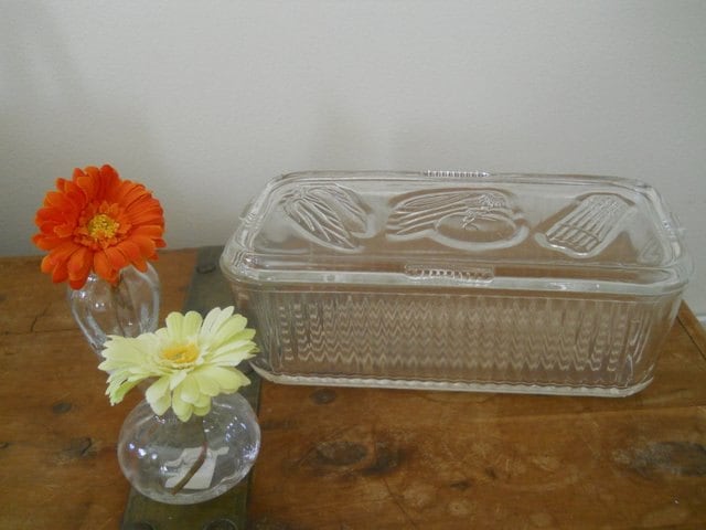 Pressed Glass Ribbed Refrigerator Box Vegetables Lid Storage Hazel ...