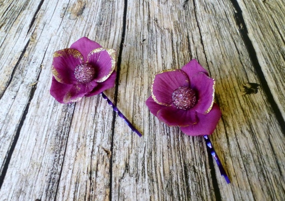 Items Similar To Plum Bobby Pins Set Of 2 Purple Hair Flowers Plum Hair Clip Flower Girl Pins