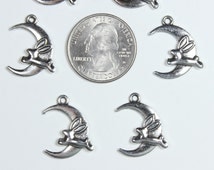 Antique Silver Rabbit over the Moon Charms 12 QTY