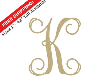 Wooden Monogram Letter "K" - Large or Small, Unfinished, Cursive Wooden ...