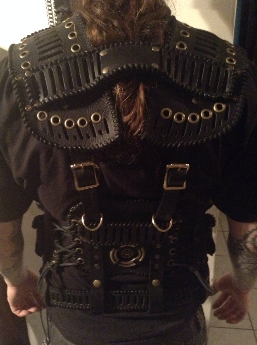 Post Apocalyptic Black Leather Tactical Vest L-3XL