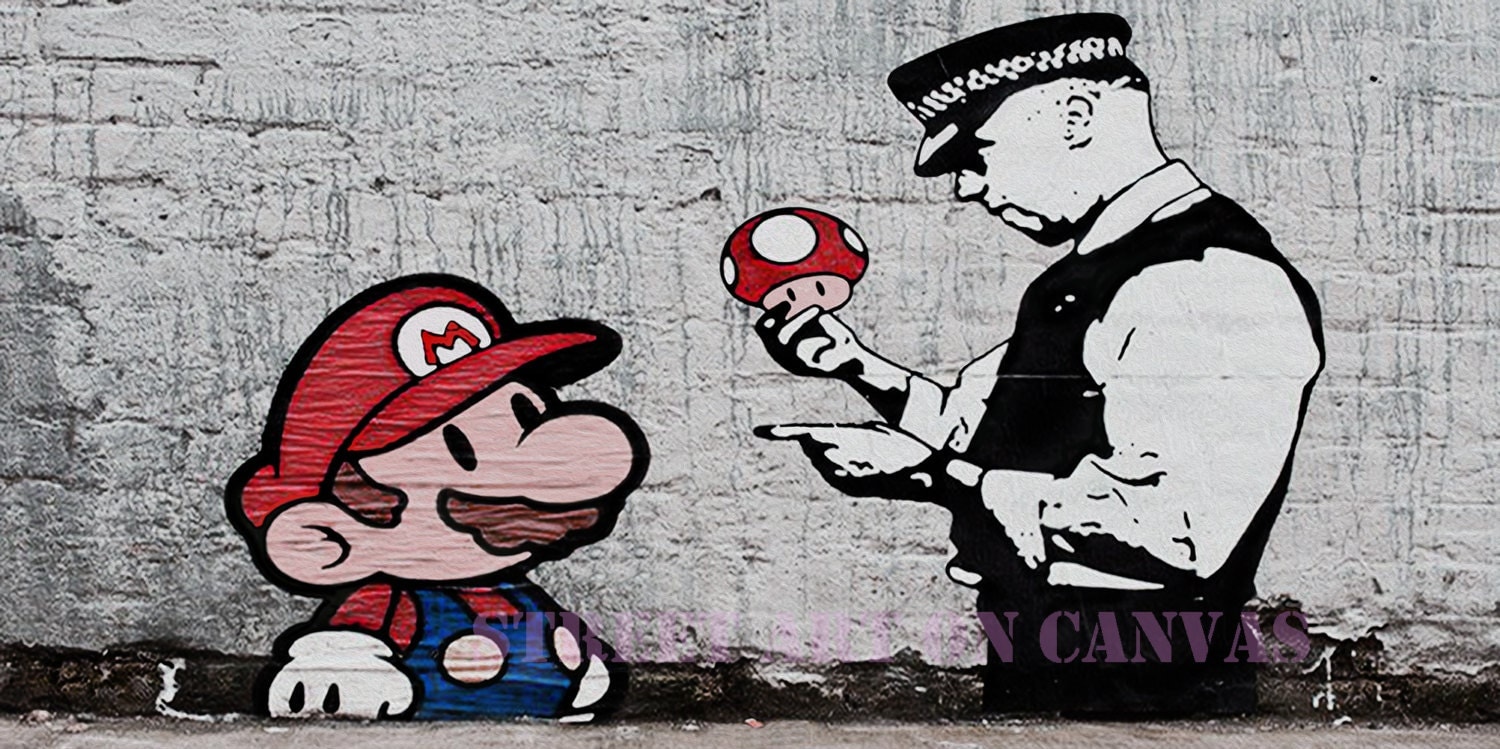 Mario and Cop Banksy canvas Street Art Graffiti premium 20 x