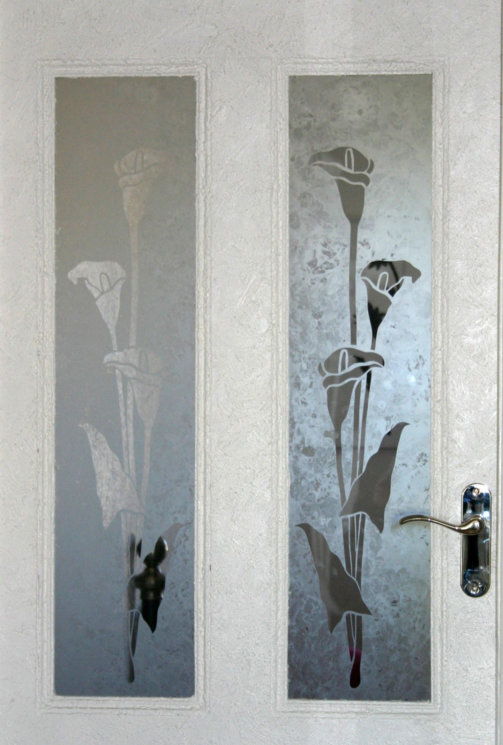 Original design 'Calla Lily' Acid etched glass door panels. Matching ...