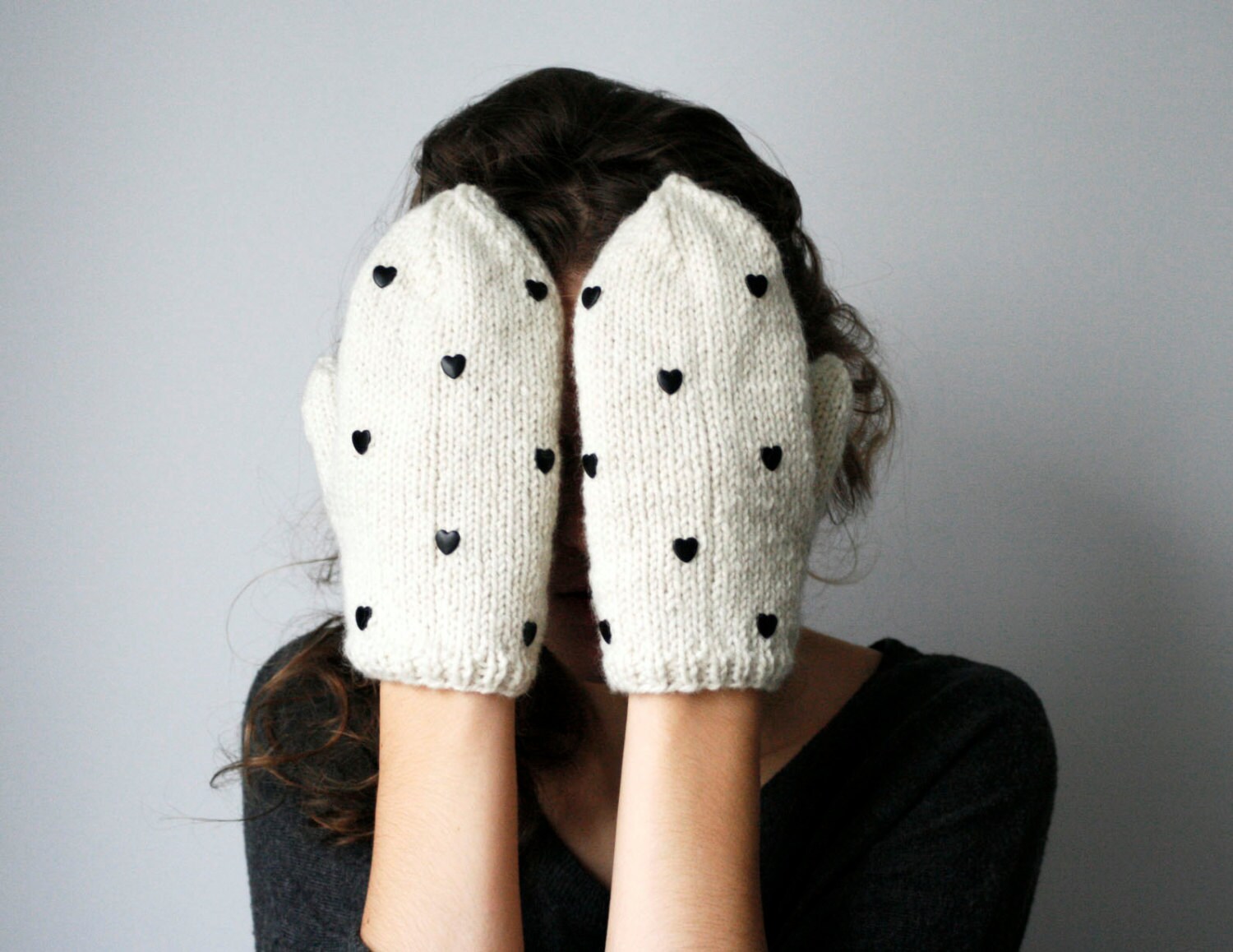 handmade cute white ivory wool color mittens with black by AIYshop