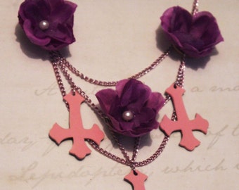 Inverted cross Pastel Goth flower necklace