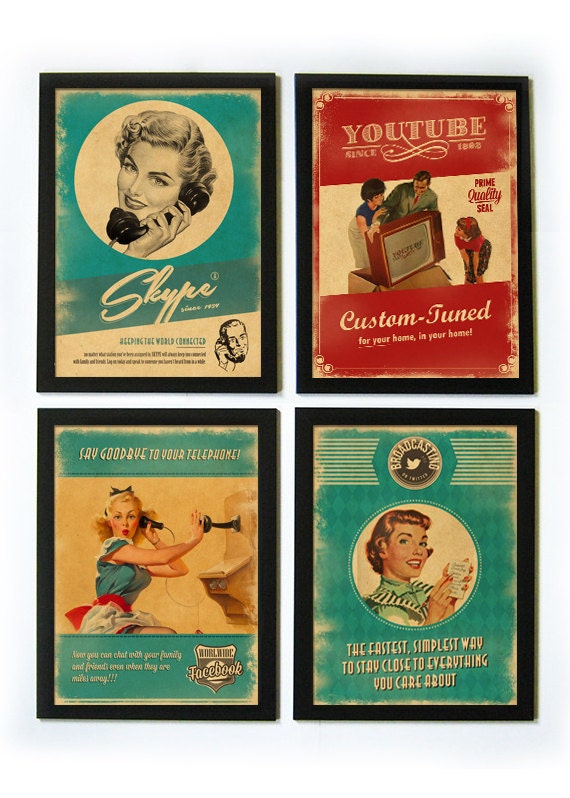 Vintage Social Media Posters Set of 4 Large 50x70 cm