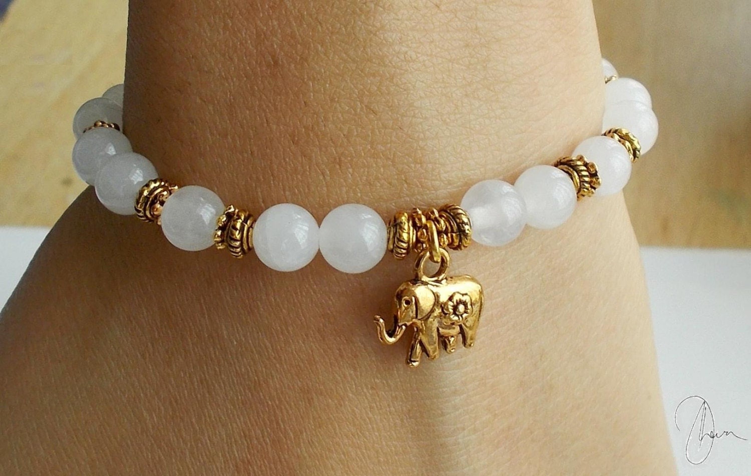White Jade Elephant Bracelet Gold Silver Beaded By Dharajewellery