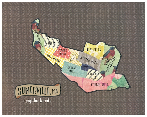 Somerville MA Neighborhoods Map Original Cut Paper
