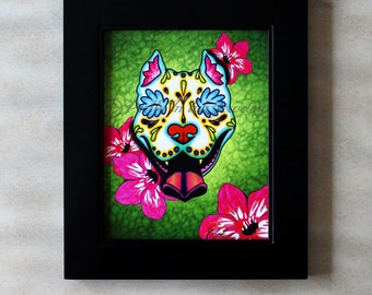 Slobbering Pit Bull Day of the Dead Sugar Skull Dog Art Print - 8 x 10 ...