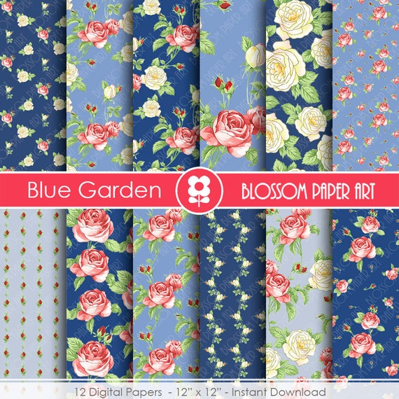 Blue Scrapbook Paper Pack Floral Digital Papers Scrapbook