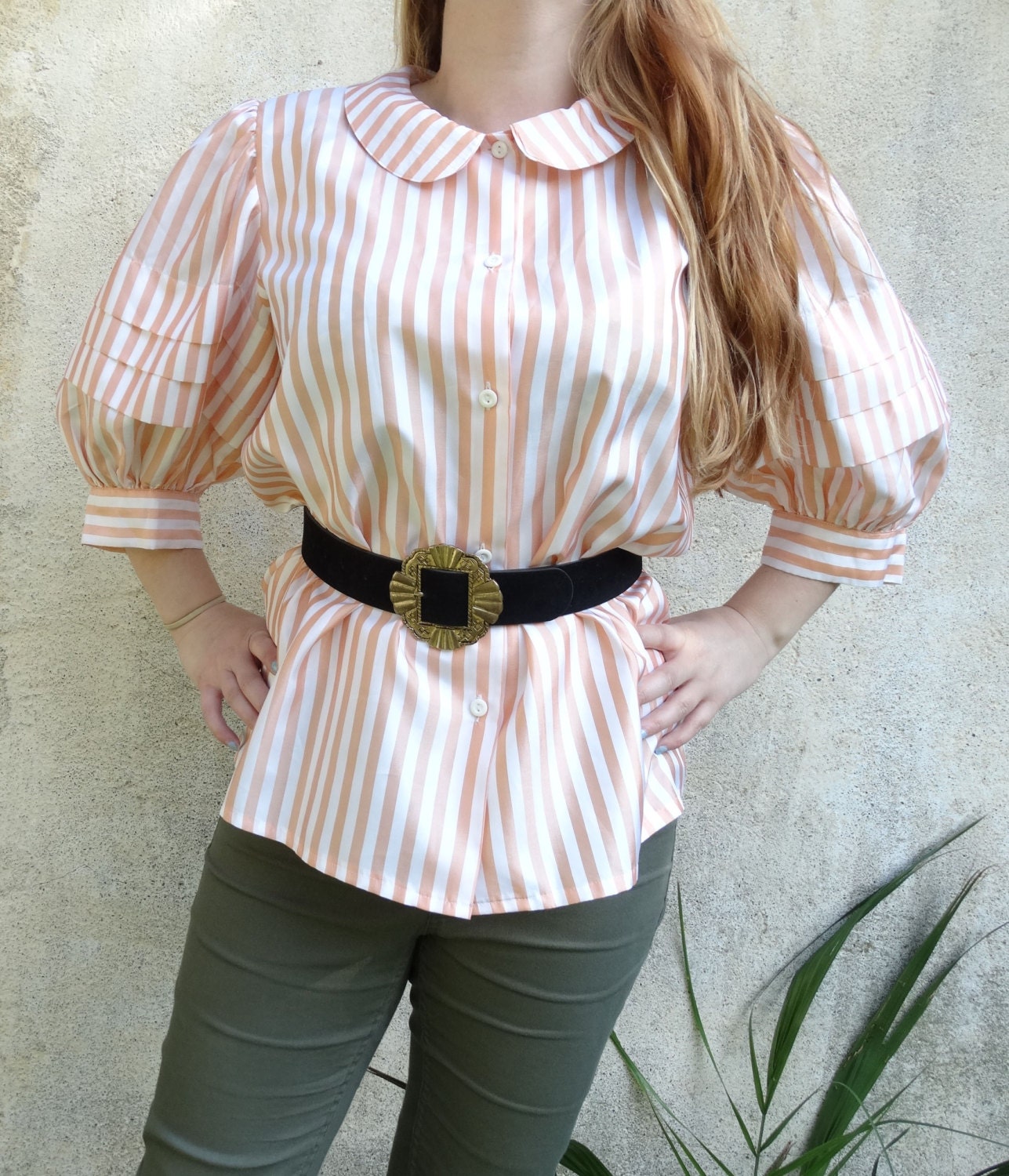 Vintage 70’s white and pink stripes blouse / French shoulder pad blouse ...