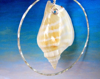 Seashell Necklace, Hawaii Shell Pendant, Hammered Silver Hoop Necklace ...