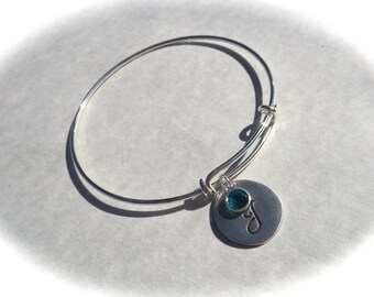 Personalized Bangle Bracelet - Hand Stamped - Pewter Disc- Silver ...