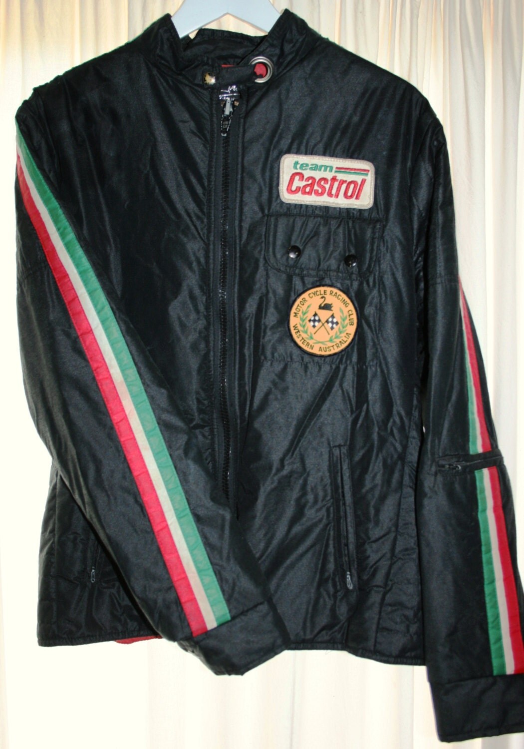 Vintage men’s black parka with red, green and white arm stripes by Mr ...