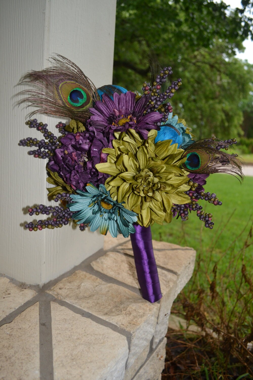 Peacock Bridal Bouquet Silk Wedding Flowers By Mydaybouquet