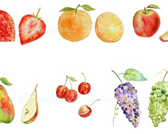 Watercolor fruits green apples lemons peaches pineapple