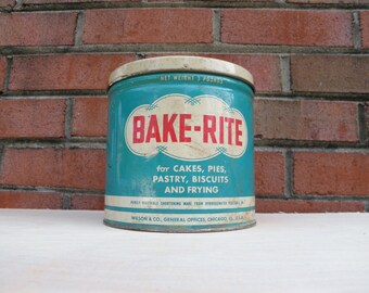 Vintage Bake-Rite Can Teal Kitchen Advertising For Pies Cakes Pastry RETRO