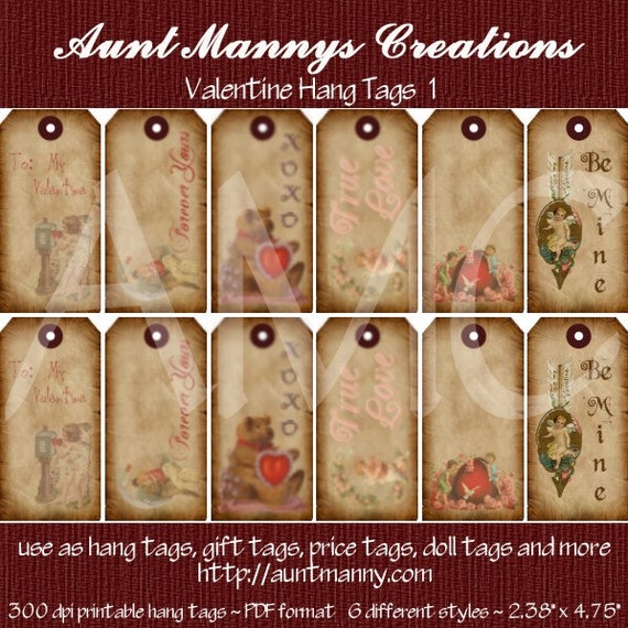 Primitive Vintage Valentine Printable Hang Tags for