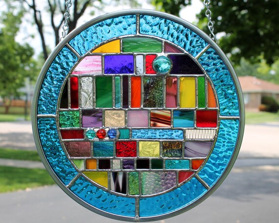 Multicolored Round Geometric Stained Glass Panel