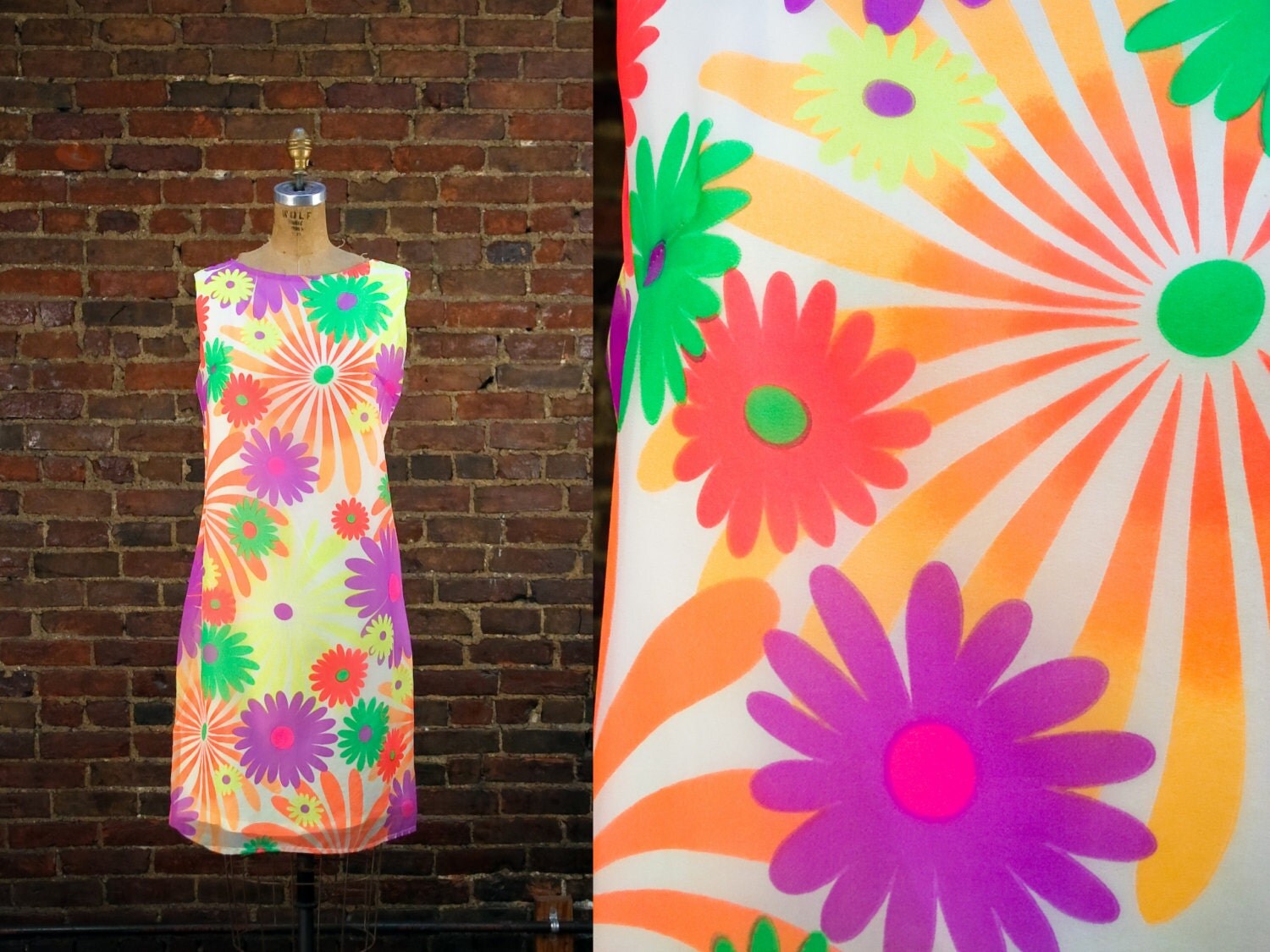 Vintage 60s Neon Mod Flower Power Floral Print Dress 1960s Pop