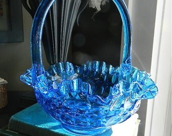 Vintage Fenton Basket, Glass Thumbprint Pattern Brides Flower Basket ...