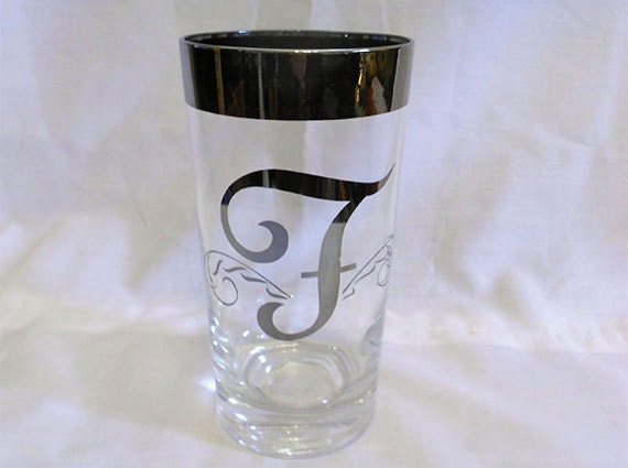 1 Silver Rimmed Highball Glass with Letter F Monogram Mad Men Chic ...