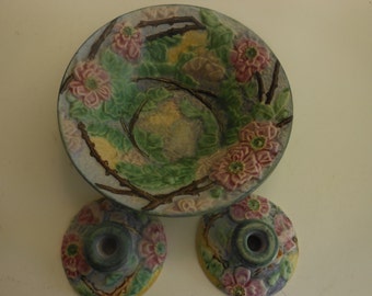 Vintage Weller pottery decorative bowl , matching candlesticks, perfect!