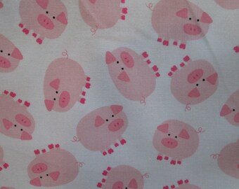 Pig Farms Pigs Pink White Cotton Fabric FQ 14 1/2 Inch