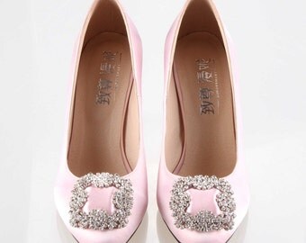 Sweet pale pink bow crystal silk shoes , wedding shoes party shoes prom ...