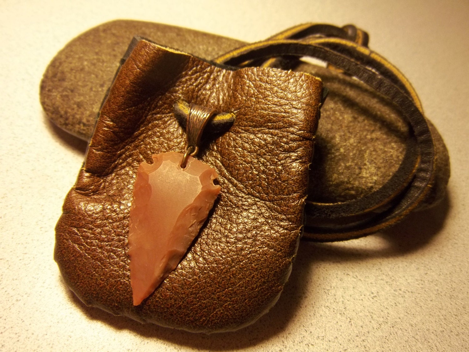 Authentic NATIVE AMERICAN Leather Medicine Bag with Arrowhead