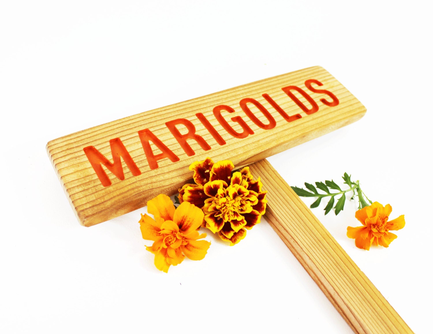 Flower Marker MARIGOLDS Garden Sign Orange Flowers Wood